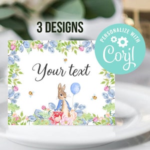Peter Rabbit Baby Shower Food Label Printable Floral Greenery Blue ...