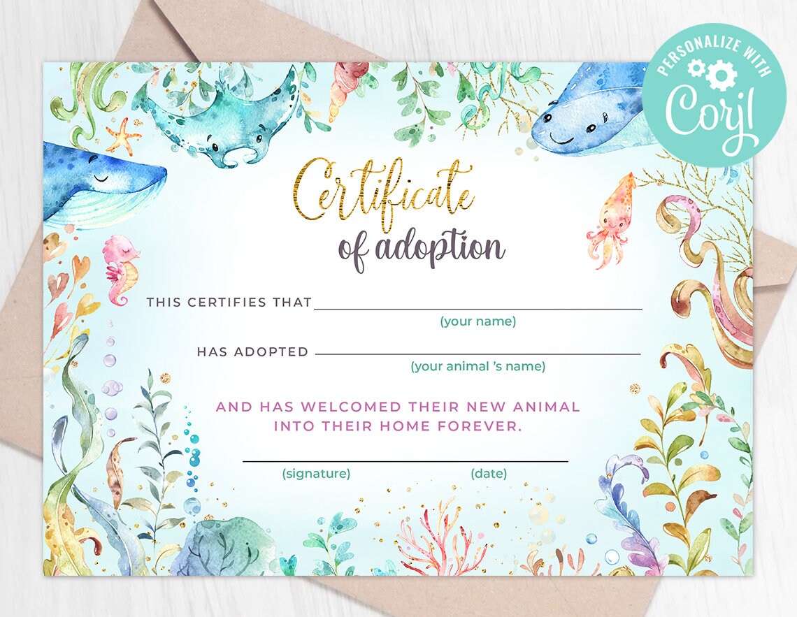 Adopt an Animal Adoption Certificate Ocean First Birthday Girl - Etsy