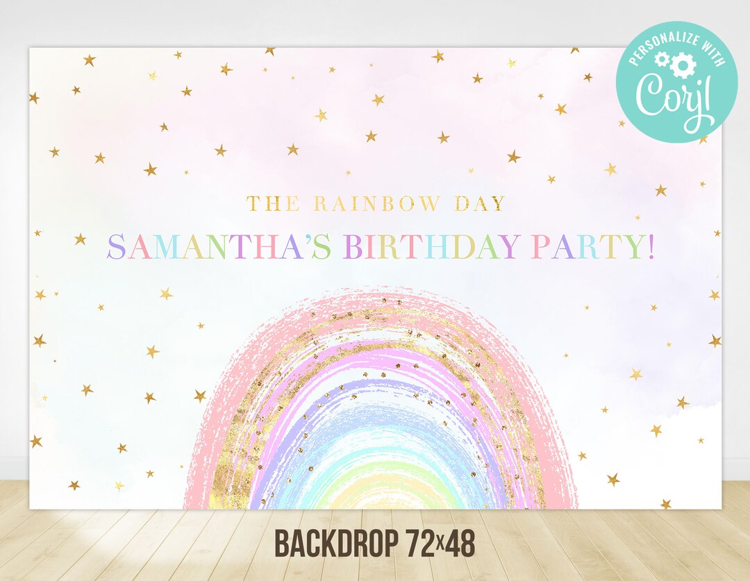 Rainbow Birthday Backdrop Girl Boho Gold Stars Pink Pastel Rainbow of ...