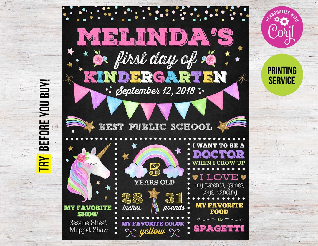 Unicorn First Day or Last Day of Kindergarten Sign First Day of School ...
