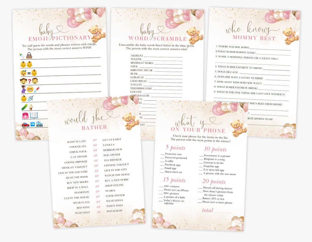 Set of 5 Baby Shower Girl Games Printable Teddy Bear Balloon We Can ...