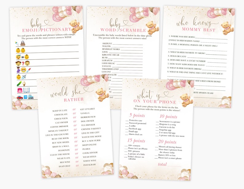 Set of 5 Baby Shower Girl Games Printable Teddy Bear Balloon We Can ...