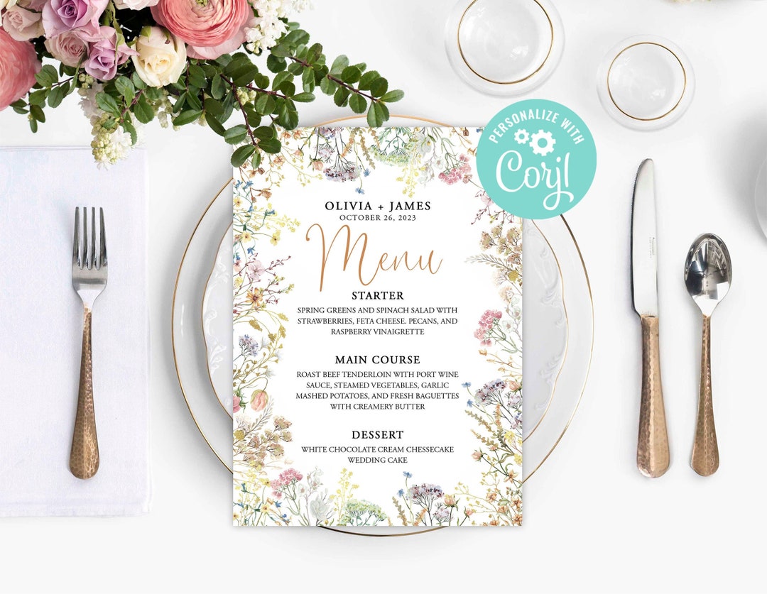 Wedding Menu Cards Template Bridal Shower, Dinner, Brunch Editable ...