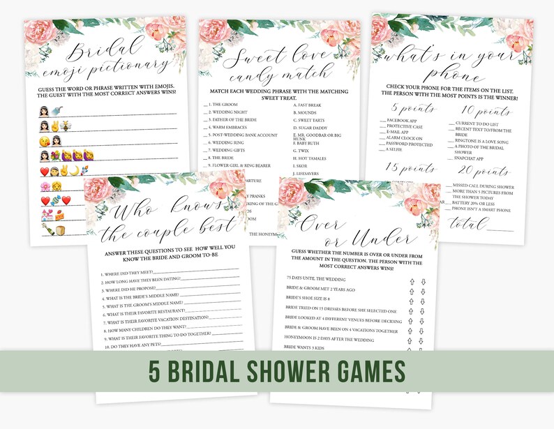 5 Modern Bridal Shower Games Bundle Set Printable Emoji Pictionary ...