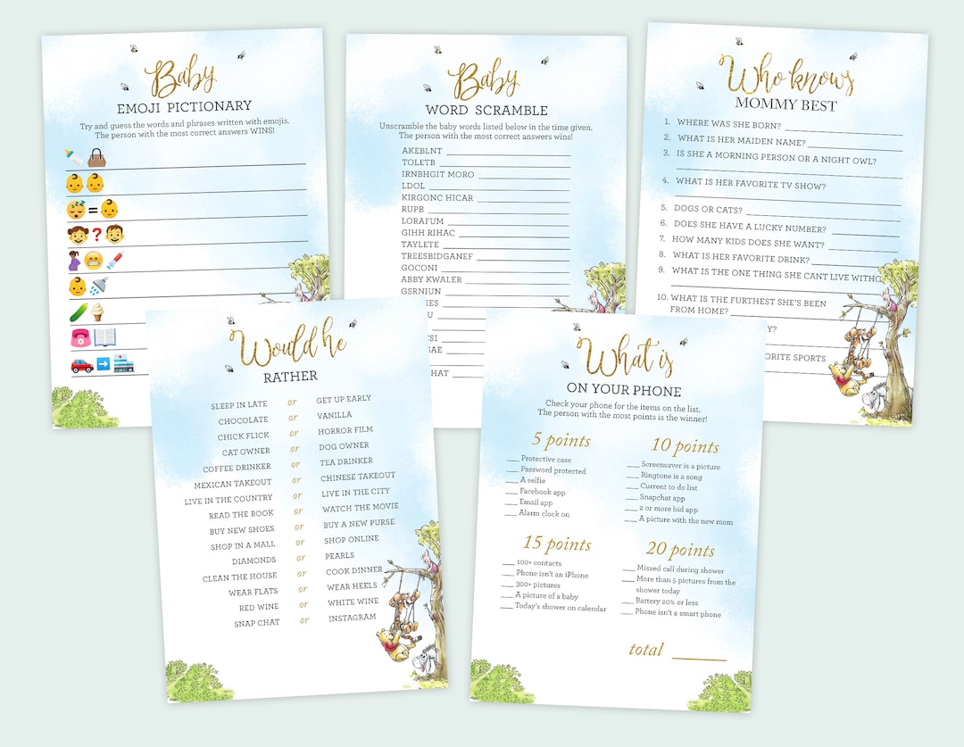 Set of 5 Baby Shower Games Printable Party Decoration Winnie the Pooh ...