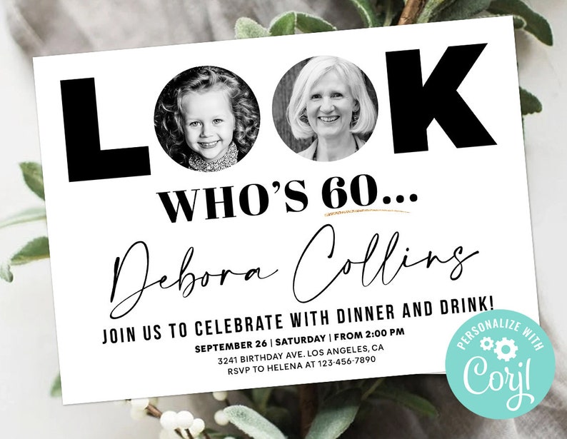 Look Who's 60 Birthday Invitation With Photo Picture Black and White ...