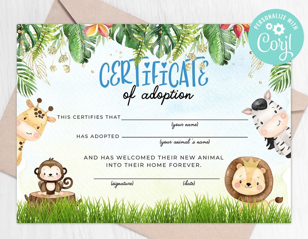Adopt an Animal Adoption Certificate First Birthday Boy - Etsy
