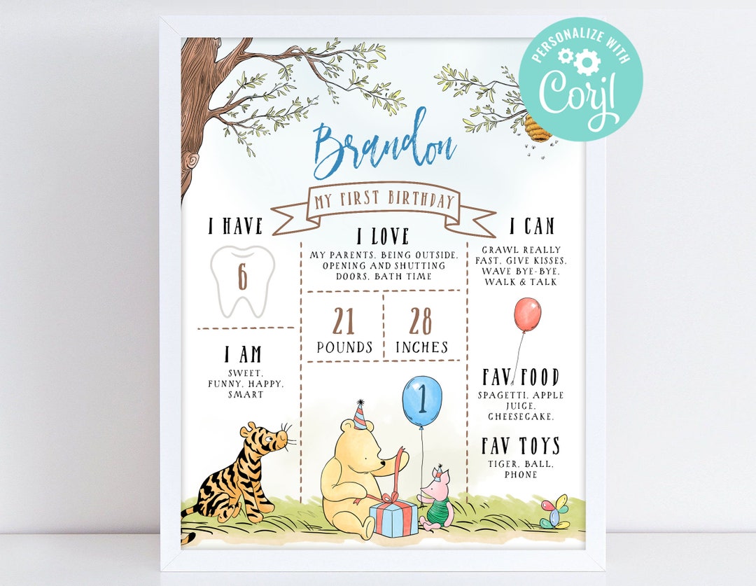 Classic Winnie the Pooh First Birthday Milestone Board Boy Piglet Tiger ...