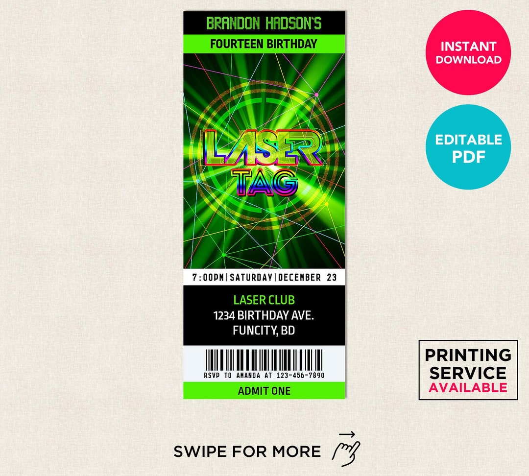 Glow Laser Tag Ticket Birthday Invitation Boy Printable Neon Party ...