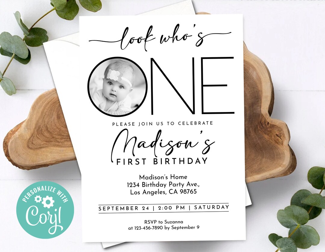 Look Who's One First Birthday Invitation With Photo Picture Black and ...