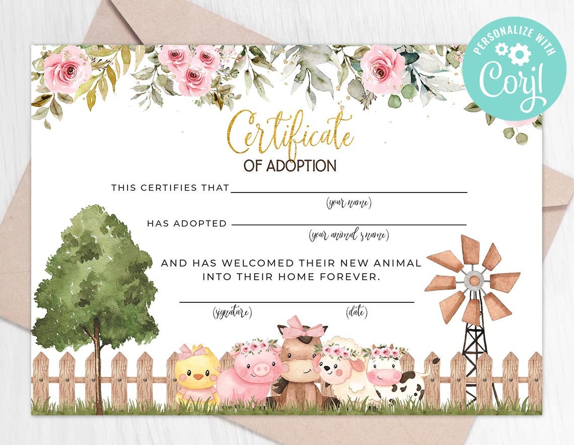 Adopt an Animal Adoption Certificate Farm First Birthday Girl - Etsy