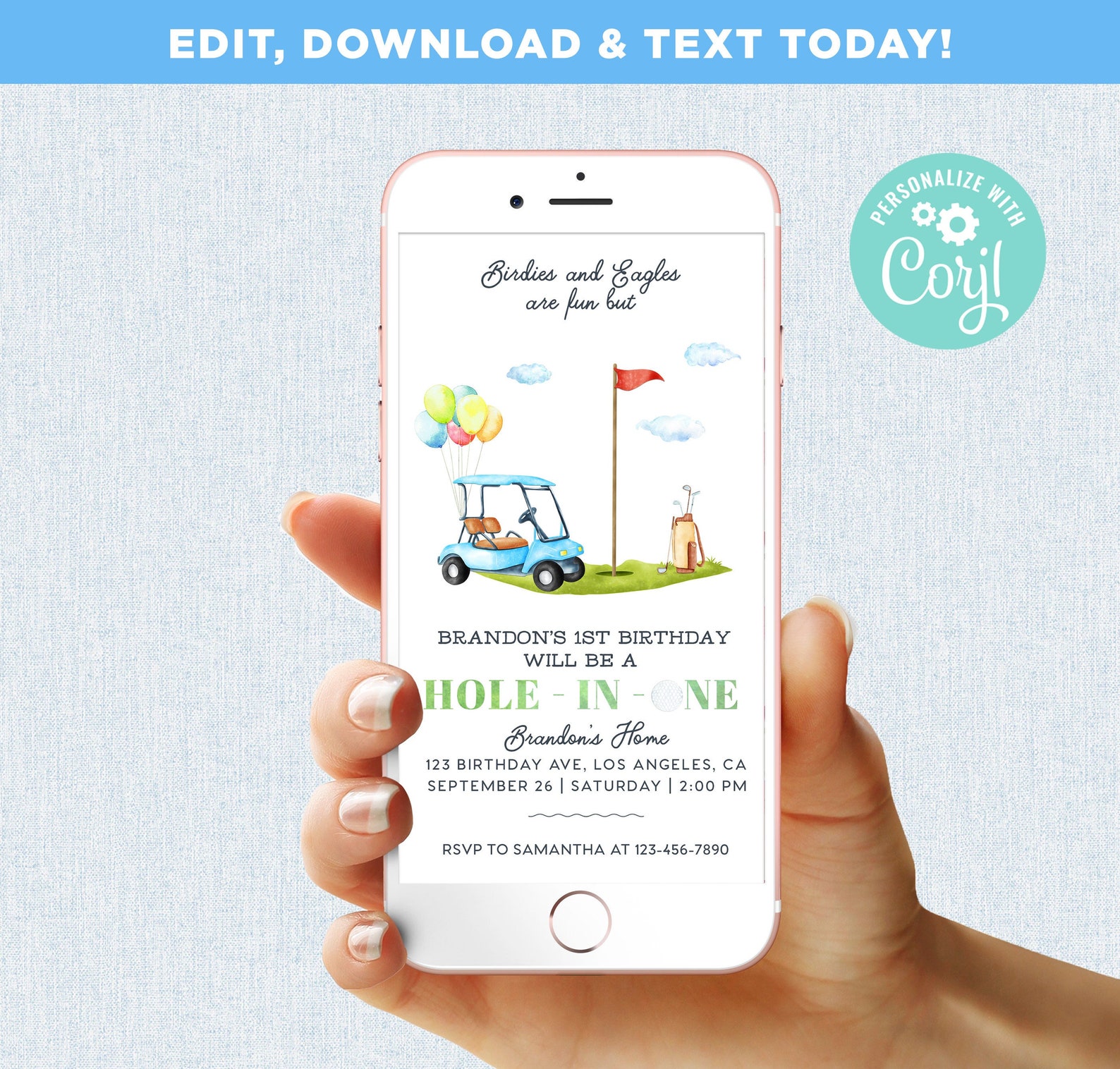 Golf First Birthday Invitation Boy Digital Mobile Phone Electronic ...
