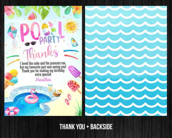 Swimming Pool Party Birthday Thank You Card Girl Party | Etsy