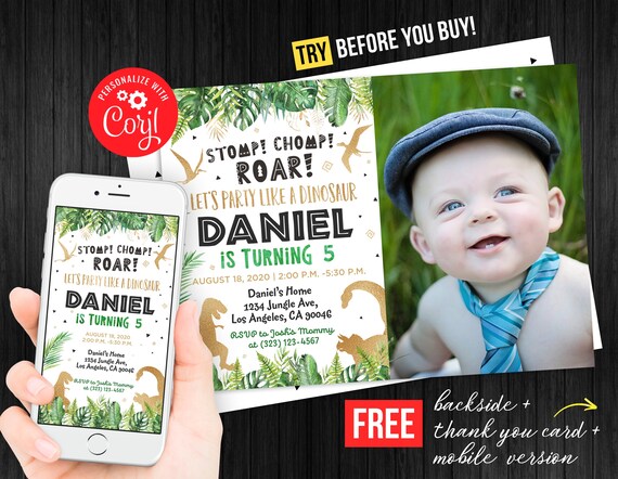 Dinosaur Birthday Invitation Boy Photo Picture Instant | Etsy