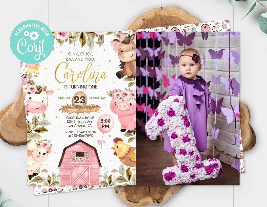 Farm First Birthday Invitation Card Photo Picture Girl Pink Floral ...