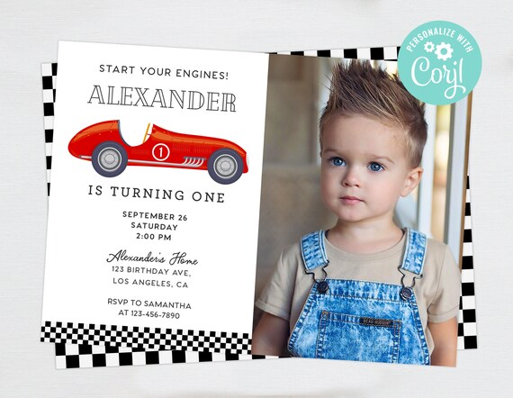 Racing Birthday Invitation Boy Photo Picture First Birthday - Etsy