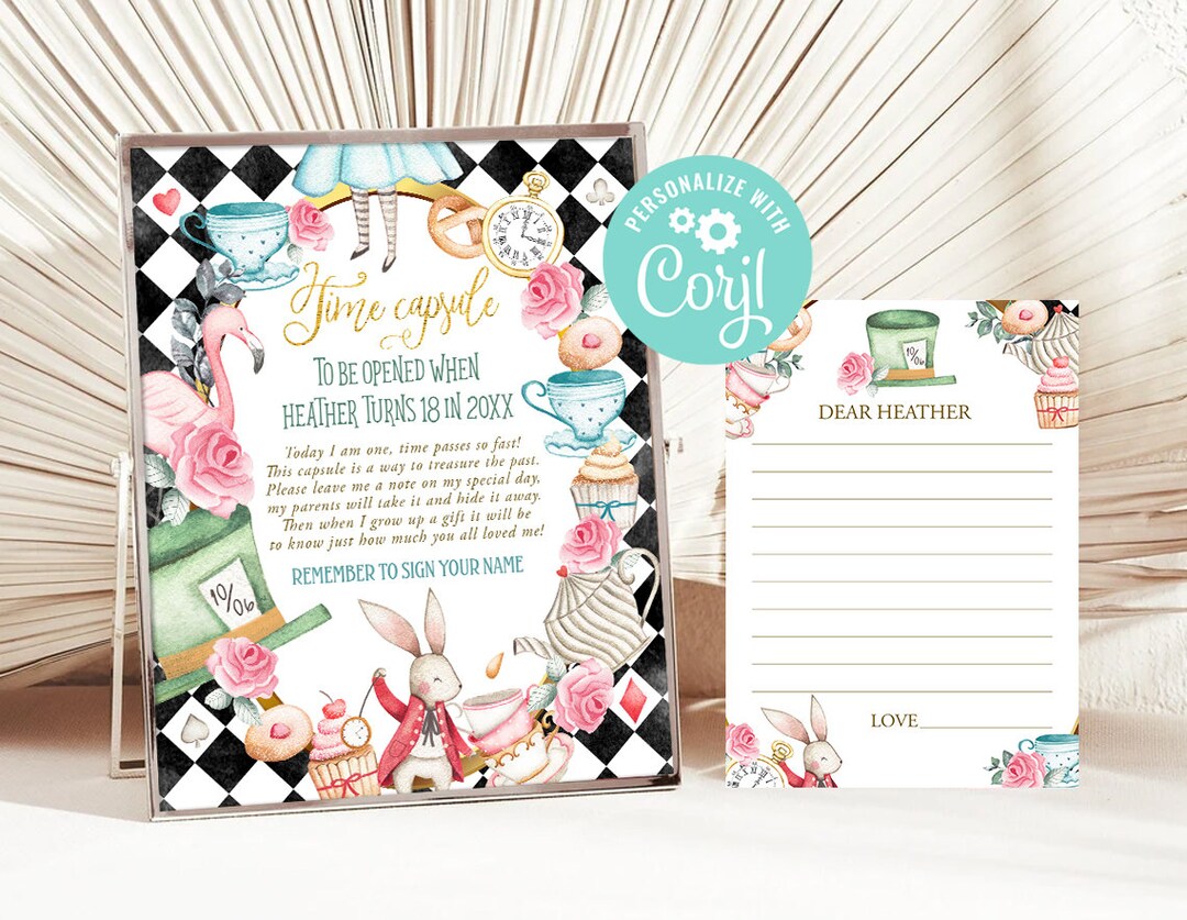 First Birthday Time Capsule Girl Alice in Wonderland Matching Note ...