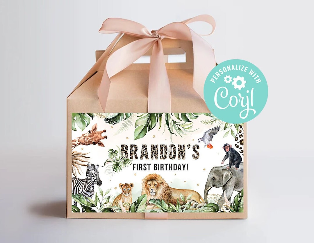 Wild One First Birthday Gable Box Labels Jungle Greenery Safari Animals ...
