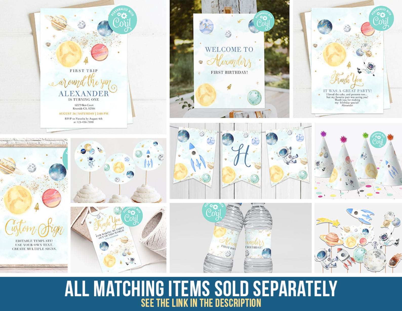 Outer Space Birthday Boy Centerpieces Astronaut Galaxy Rocket Gold Star ...