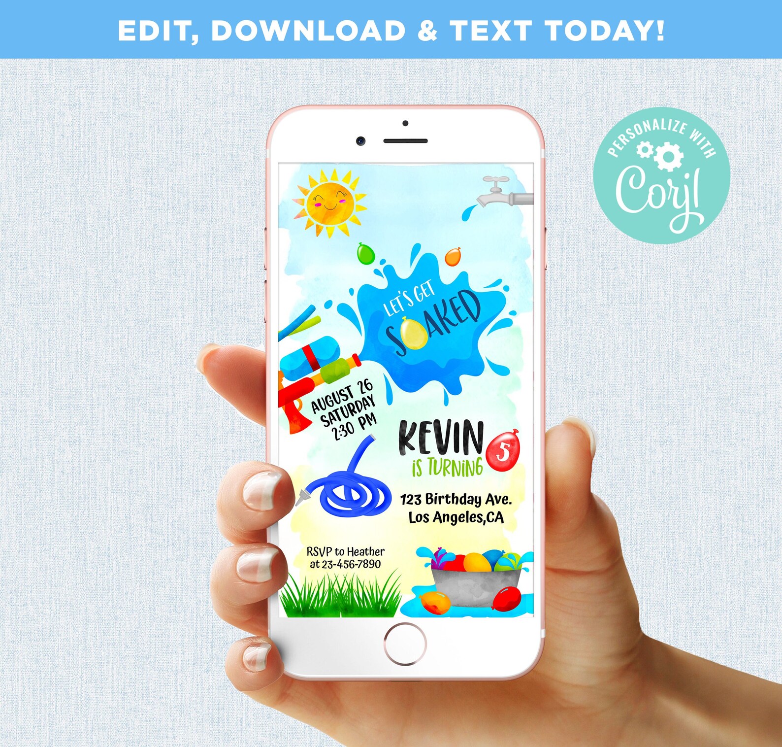Water Balloon Fight Party Birthday Invitation Boy Digital Mobile Phone ...