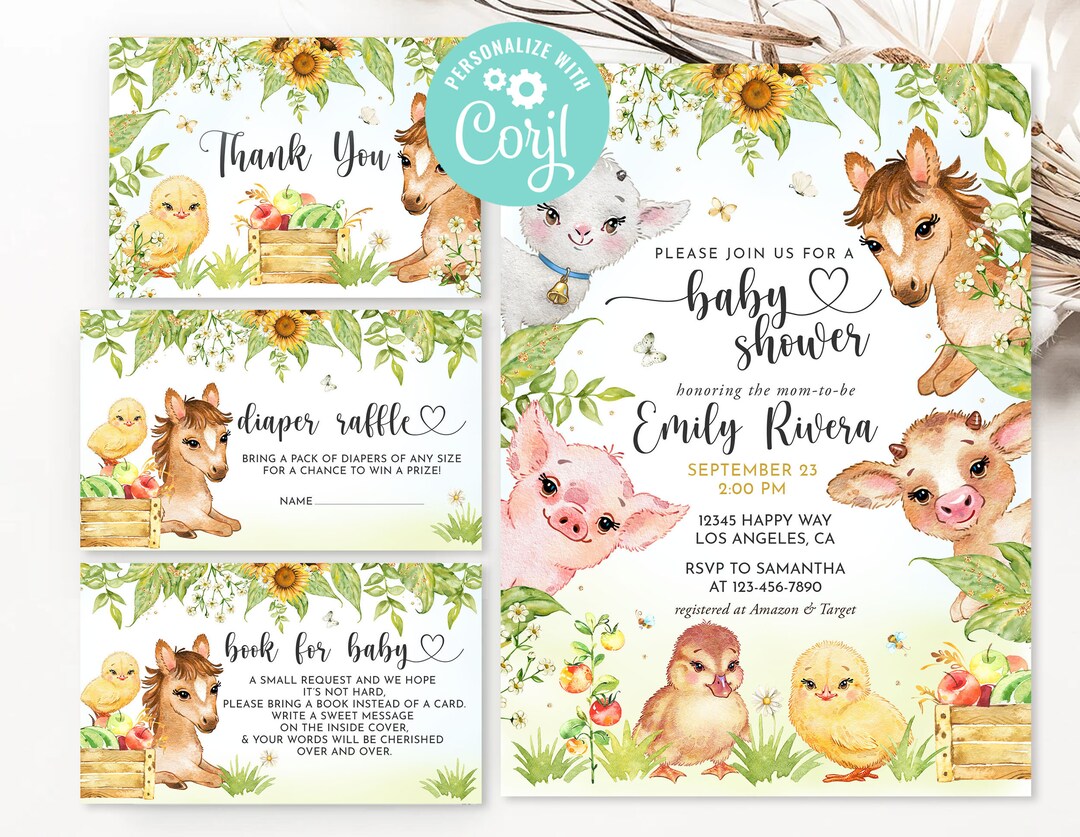 Farm Animals Baby Shower Invitation Set Cute Barn Animals Ranch ...