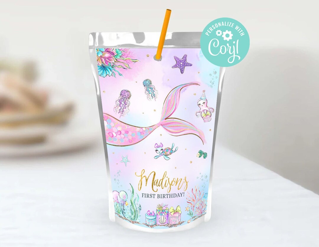 Mermaid First Birthday Capri Sun Labels Girl Editable Template Mermaid ...