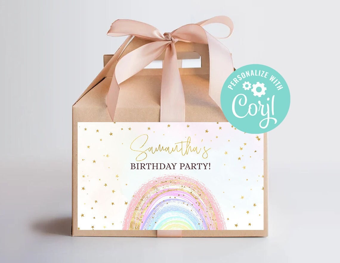 Rainbow Birthday Gable Box Labels Girl Gold Stars Pink Pastel Rainbow ...