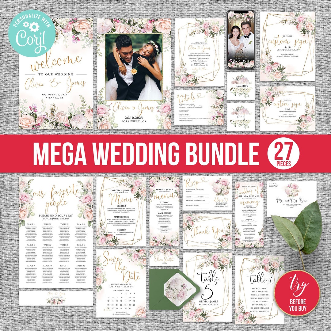 Wedding Bundle Template Set Invitation Suite RSVP Menu Program Elegant ...