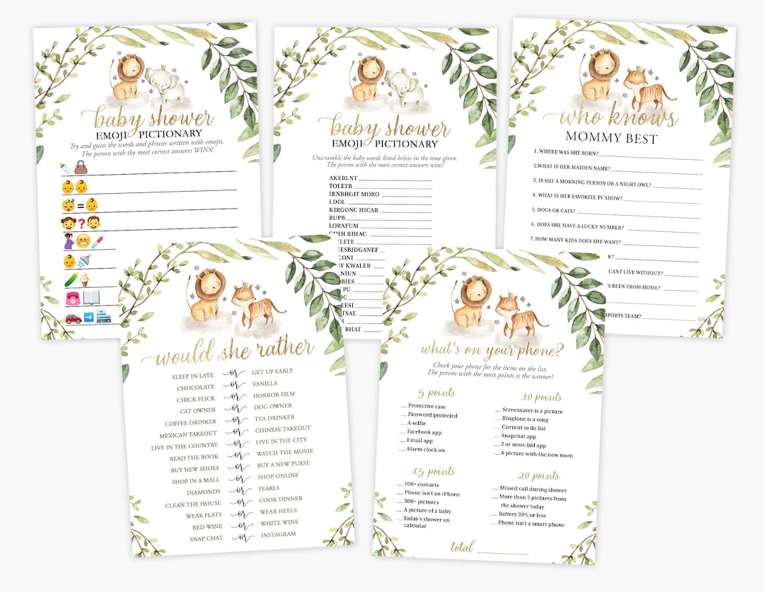 Set of 5 Baby Shower Games Printable Safari Animals Tiger Lion Elephant ...