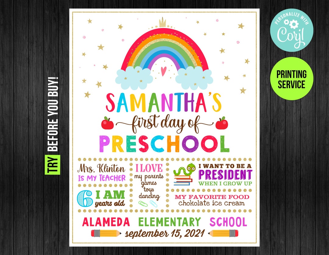 Rainbow First Day or Last Day of Preschool Sign Printable Girl Back to ...