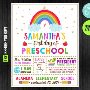 Rainbow First Day or Last Day of Preschool Sign Printable Girl Back to ...
