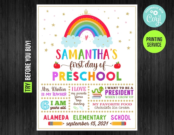 Rainbow First Day or Last Day of Preschool Sign Printable Girl - Etsy