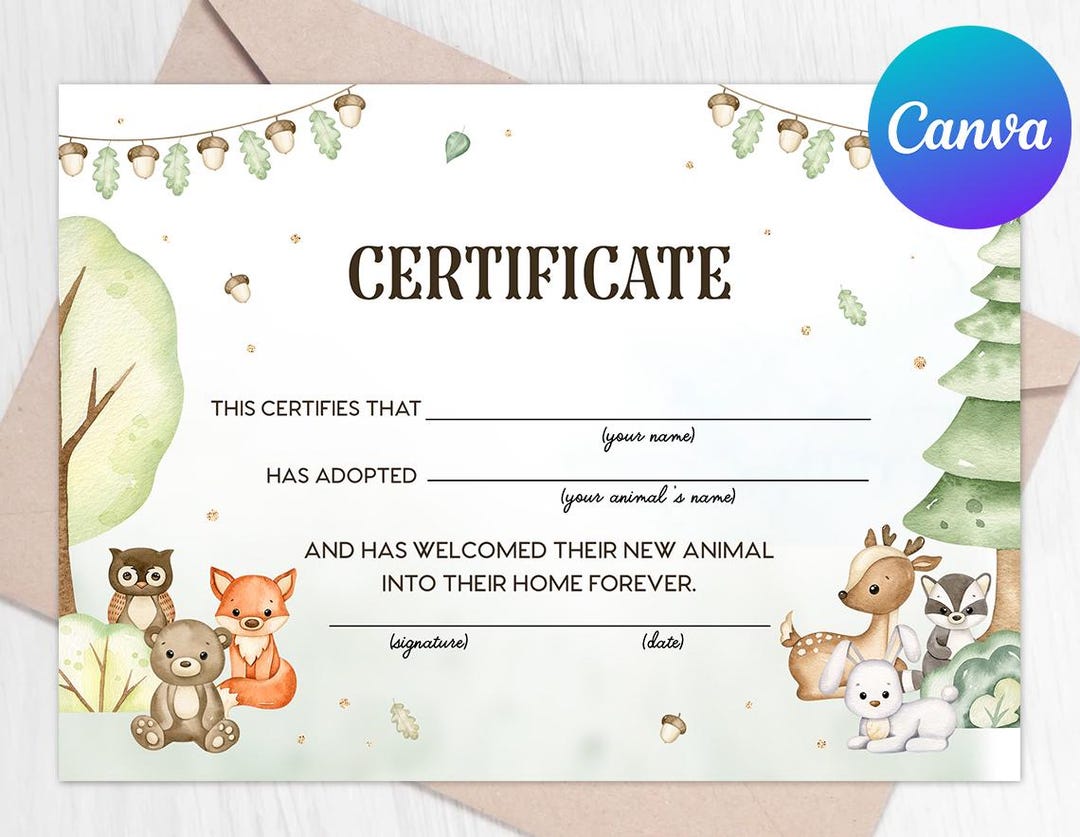 Adopt an Animal Adoption Certificate Woodland Animals First Birthday ...