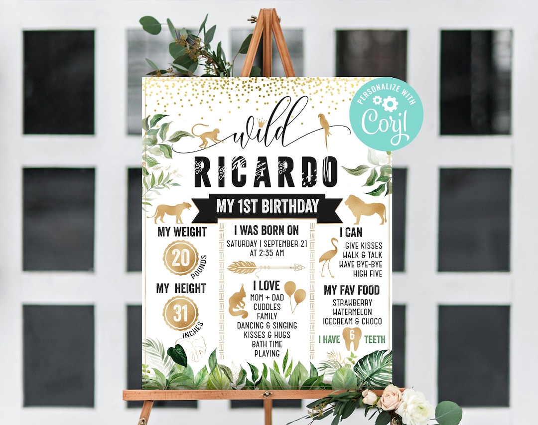 Wild One Birthday Sign Editable Template Jungle Milestone Board Savanna ...