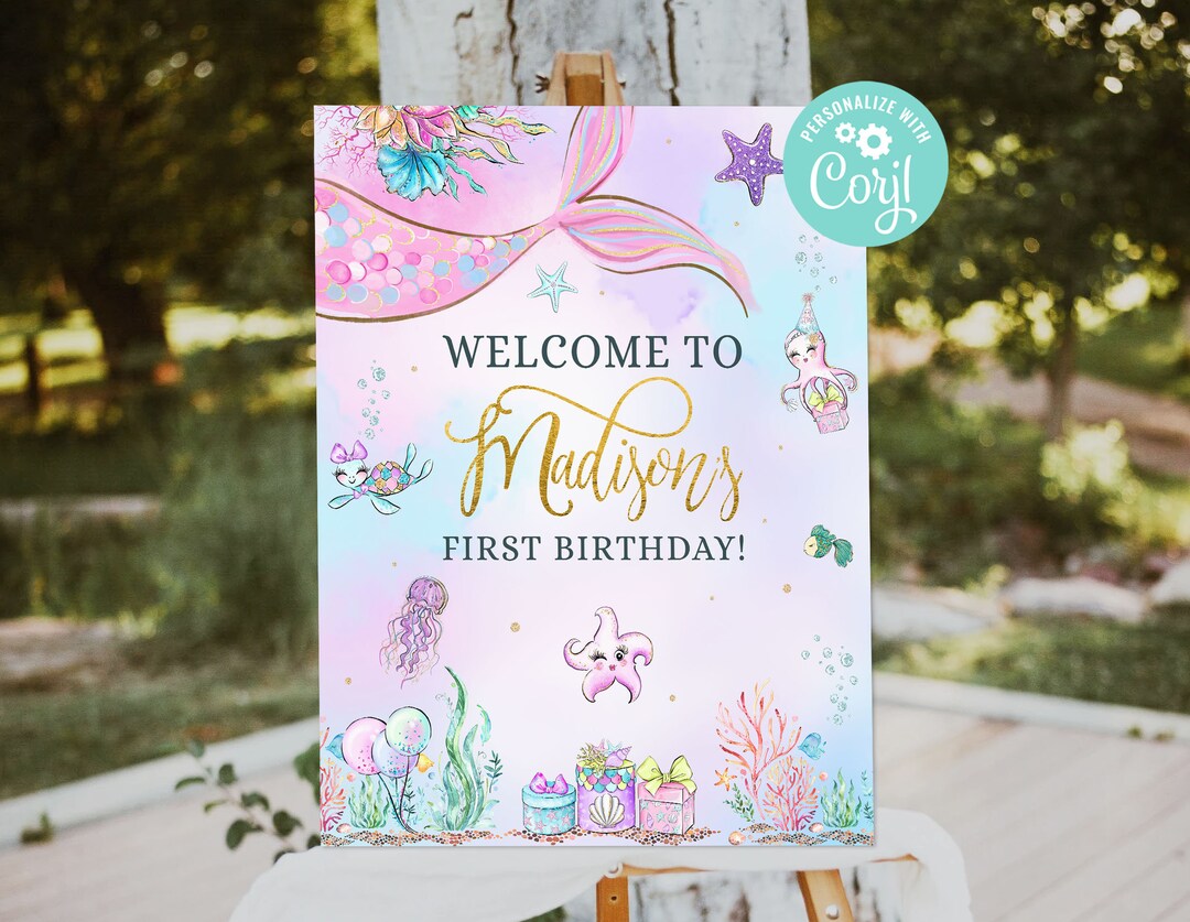 Mermaid First Birthday Welcome Sign Girl Mermaid Tail Ocean Life Under ...