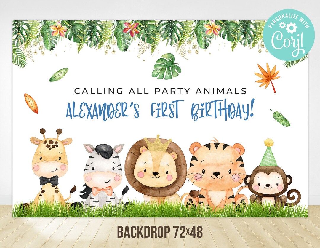 Calling All Party Animals First Birthday Backdrop Boy Wild Safari ...