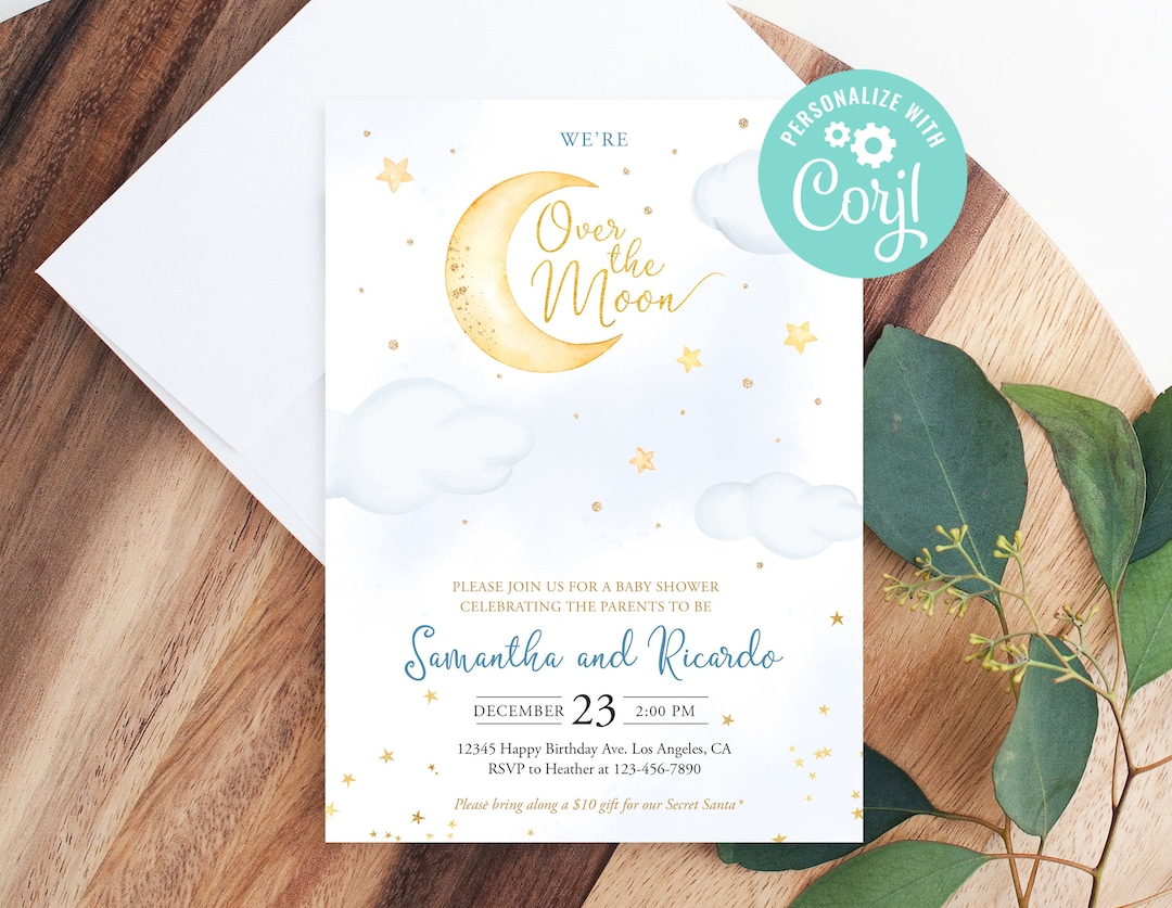 We're Over the Moon Baby Shower Invitation Boy Gold Watercolor Moon and ...