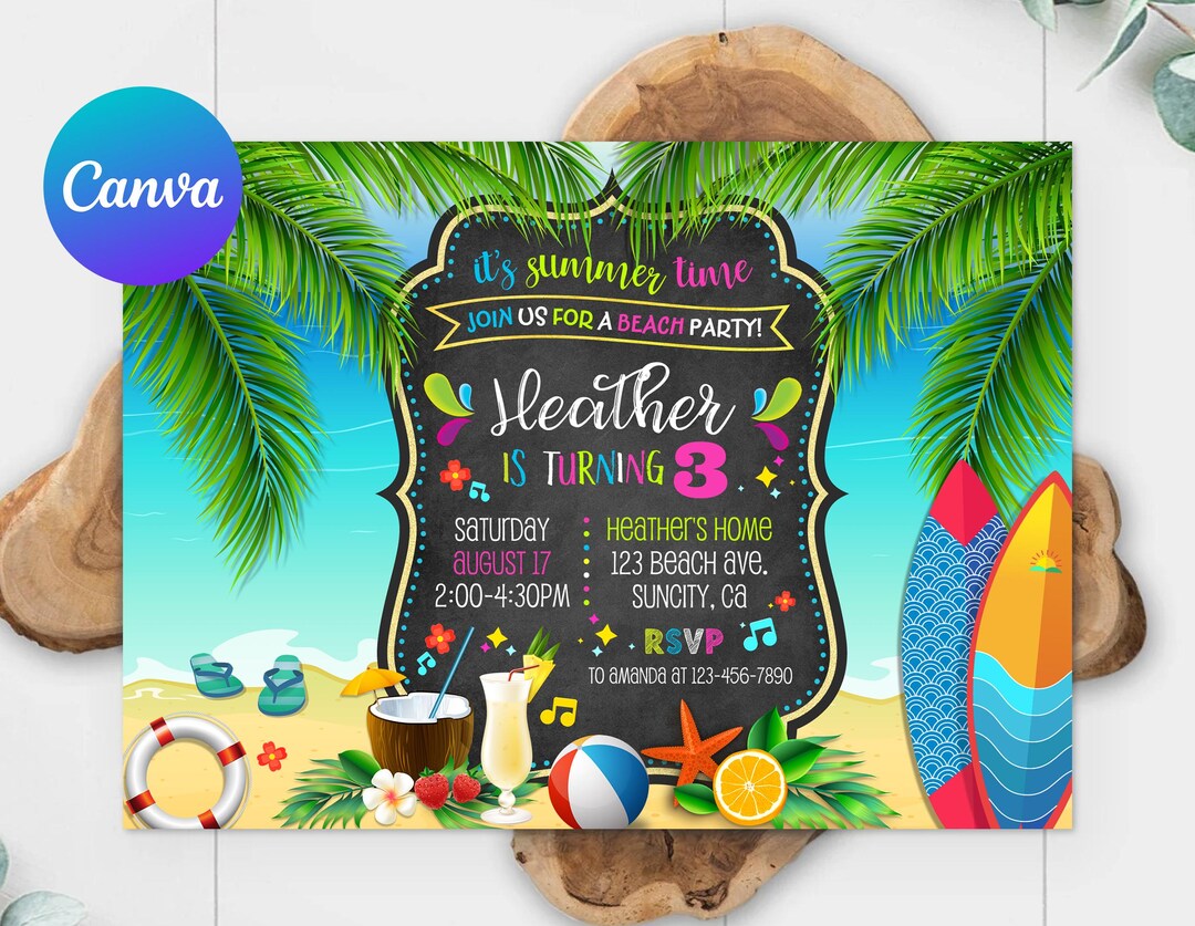Beach Party Birthday Invitations Girl Printable Ocean Surfer Evite ...