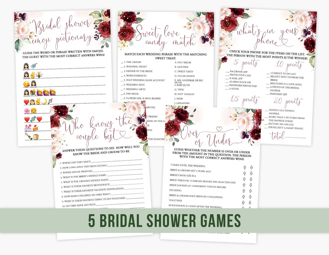5 Modern Bridal Shower Games Bundle Set Emoji Pictionary Wedding Over ...