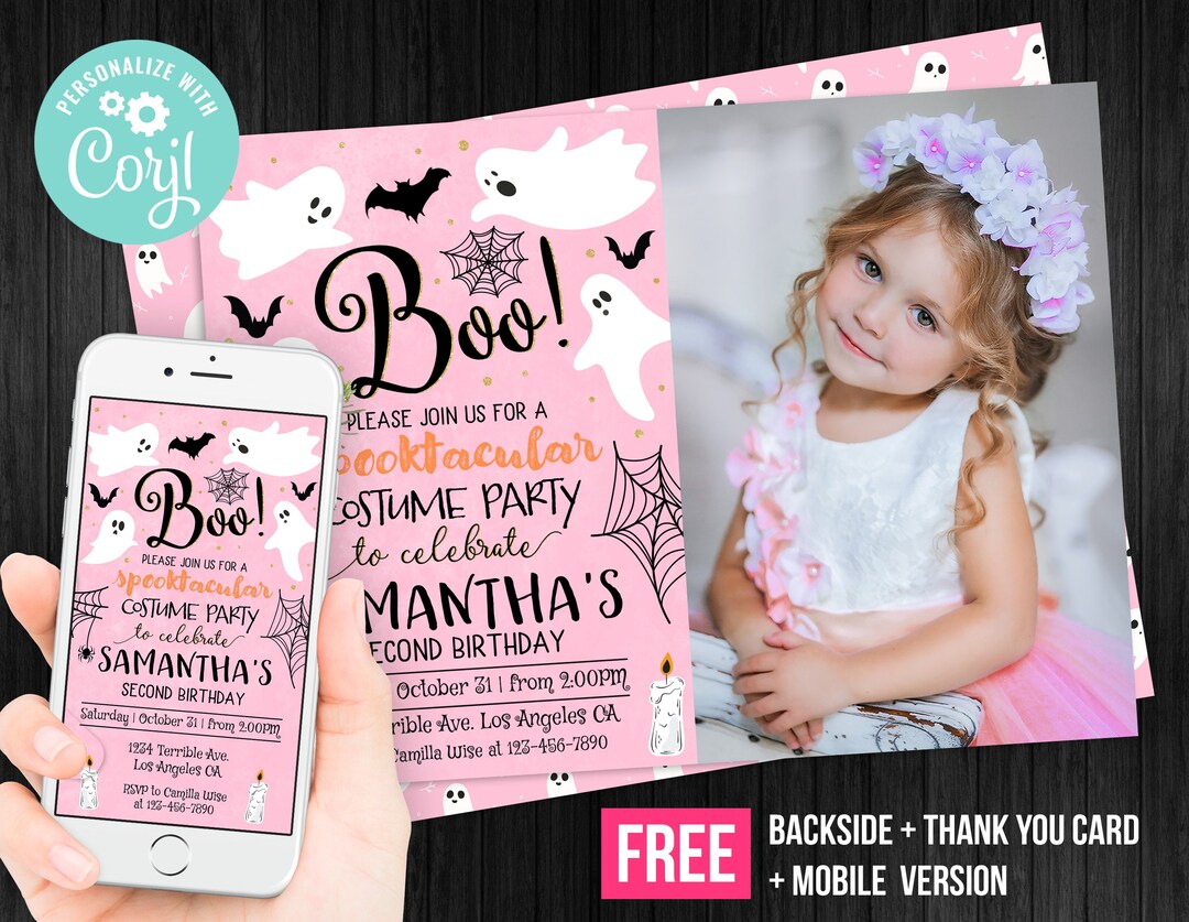 Halloween Boo Birthday Invitation Girl Photo Picture Ghost Thank You ...