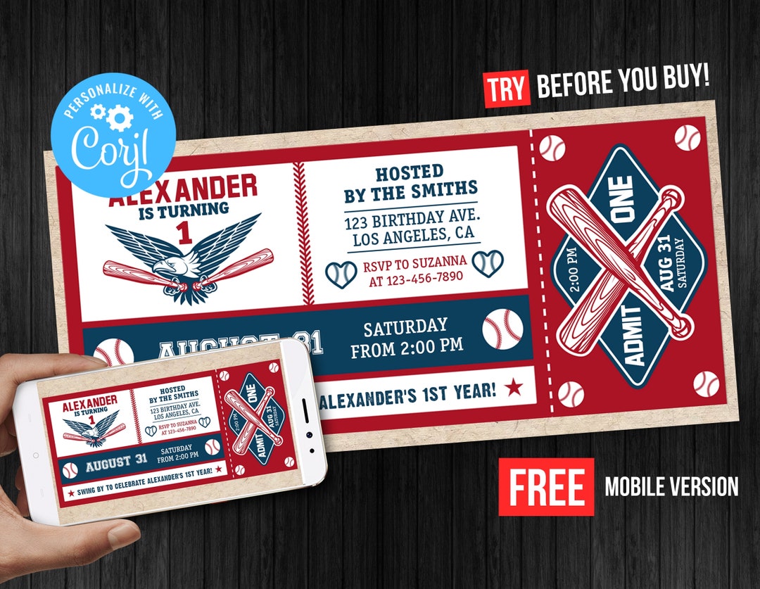 Baseball Ticket Birthday Invitation Sports Party Invite Ticket Mobile ...