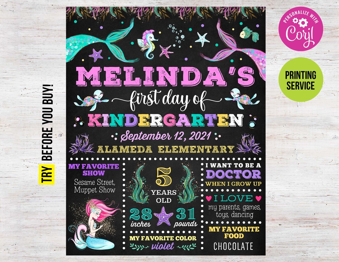 First Day or Last Day of Kindergarten Sign Girl Mermaid Back to School ...