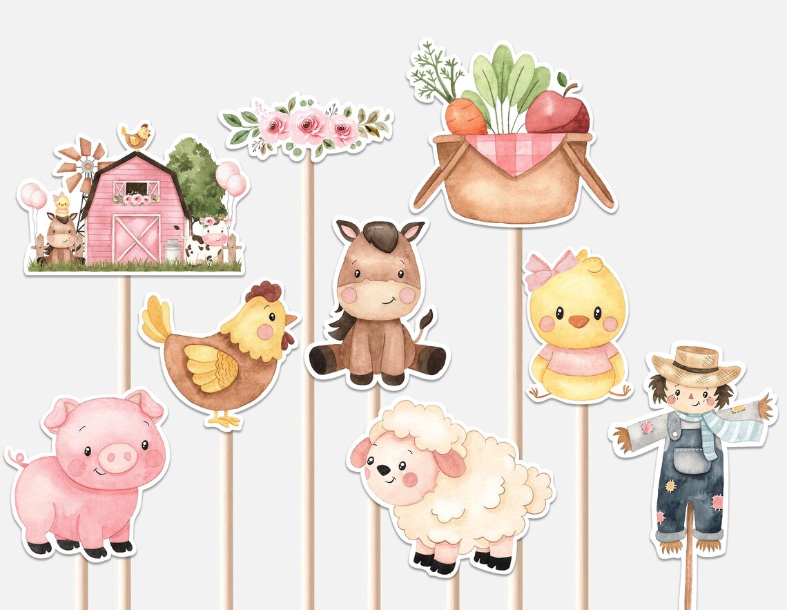 Farm First Birthday Girl Centerpieces Pink Floral Barnyard Animals ...