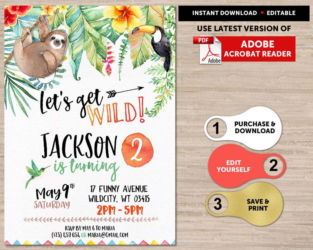 Let's Get Wild Birthday Invitation Boy Animals Party Jungle Invitation ...