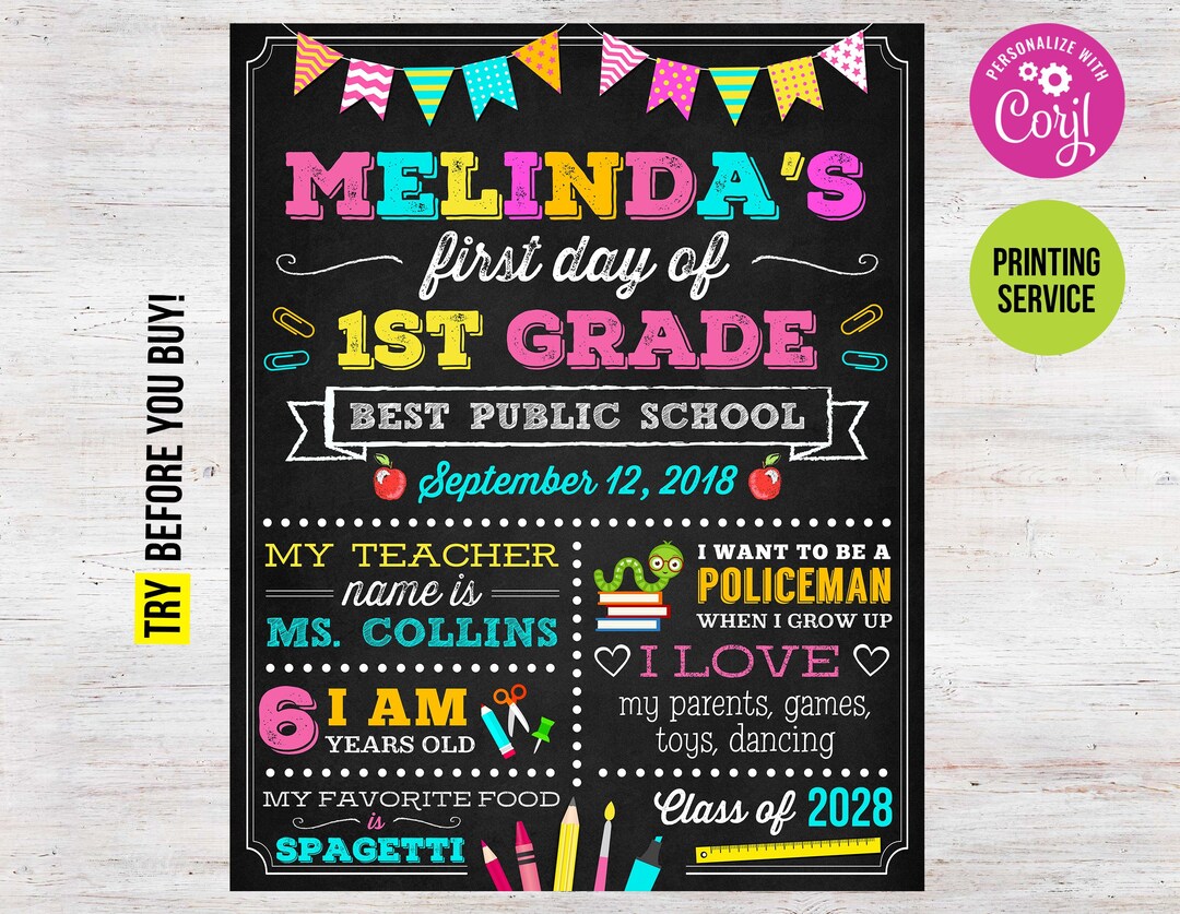 Girl First Day of First Grade School Sign Printable Chalkboard Editable ...