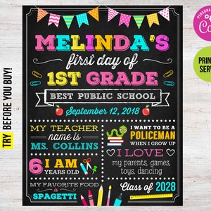 Girl First Day of First Grade School Sign Printable Chalkboard Editable ...