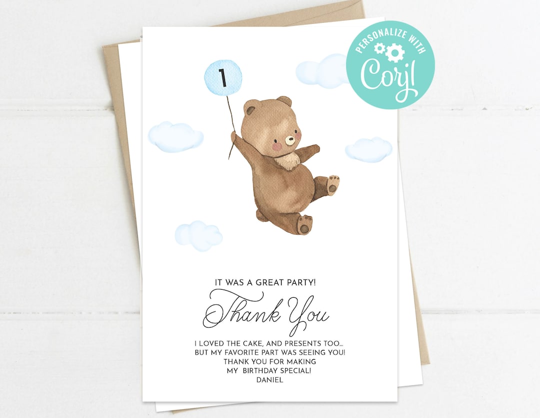 Beary 1st Birthday Thank You Card Cute Teddy Bear First Birthday Boy ...
