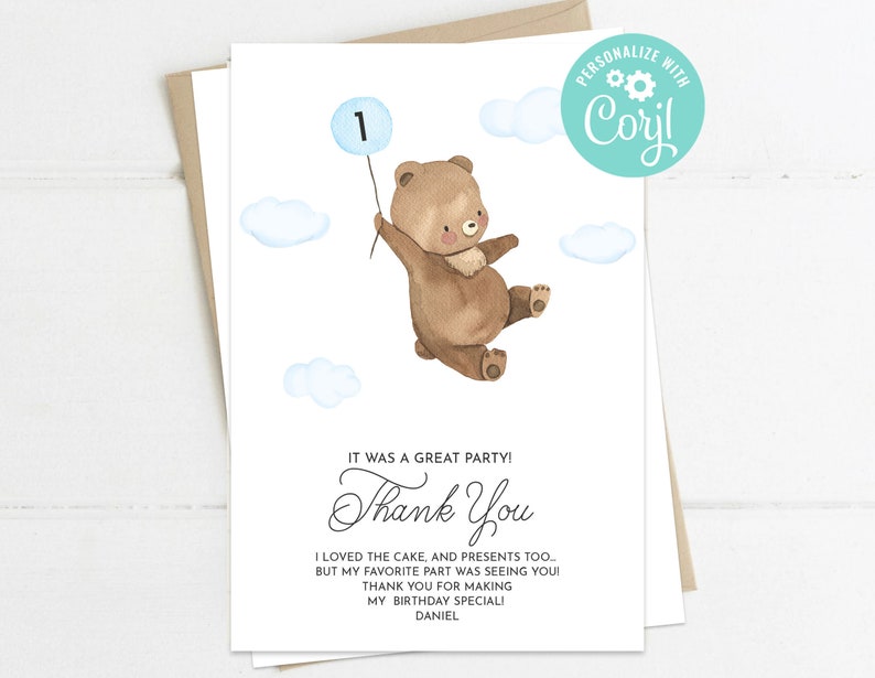 Beary 1st Birthday Thank You Card Cute Teddy Bear First - Etsy