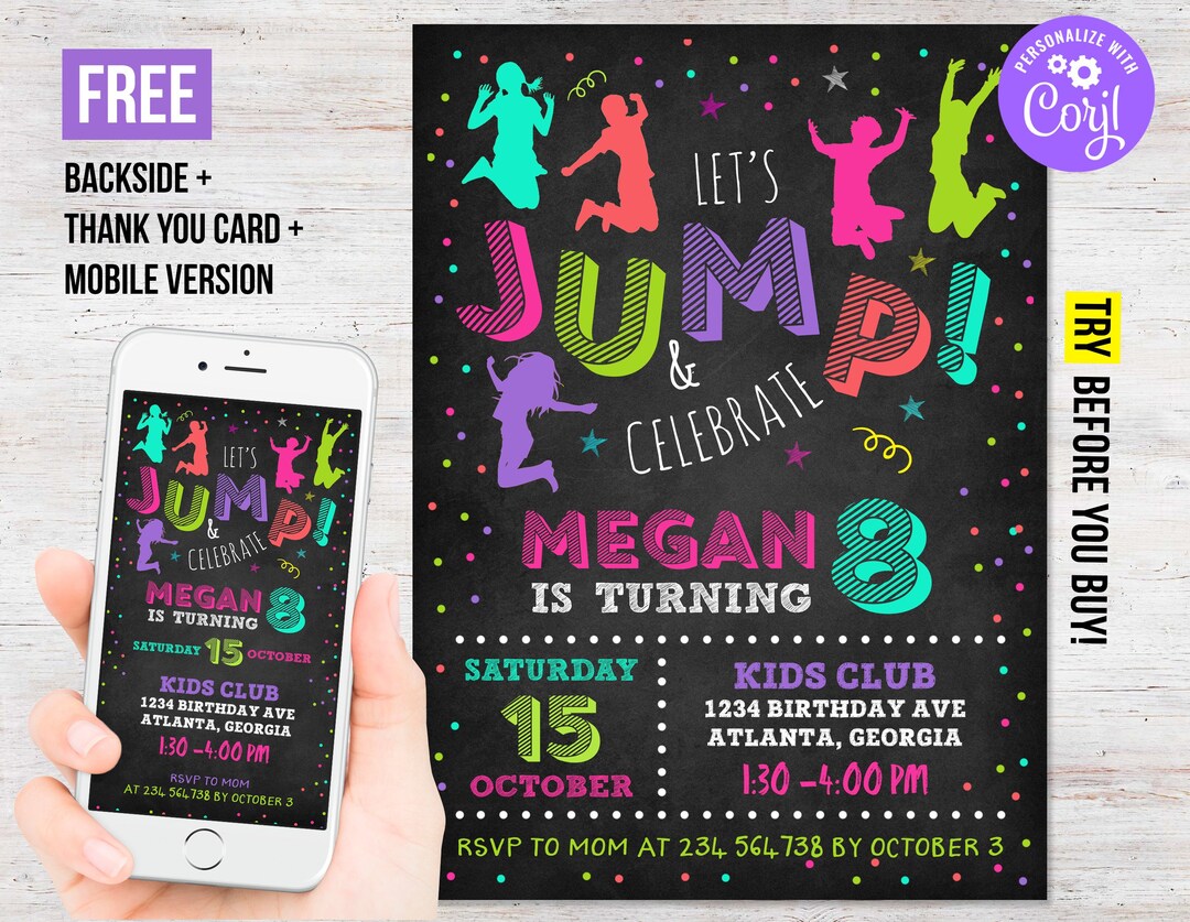 Jump Trampoline Party Birthday Invitation Girl Printable Bounce House ...
