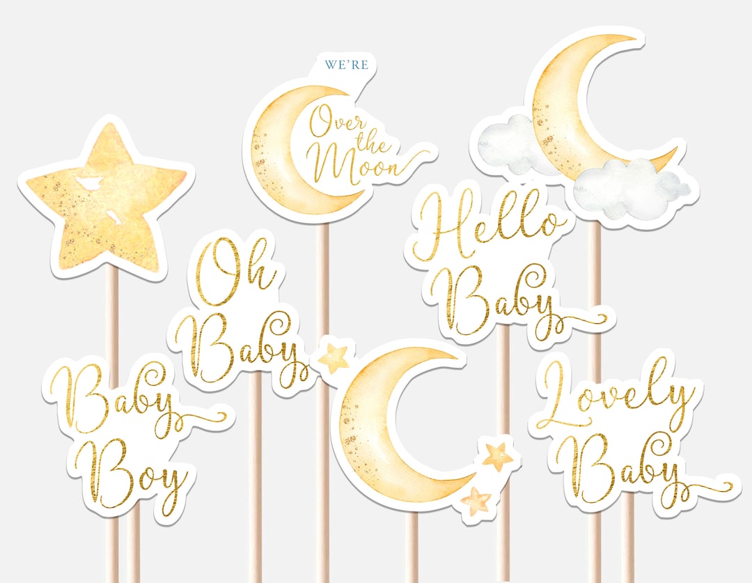 Over the Moon Baby Shower Boy Centerpieces Decoration Watercolor Gold ...